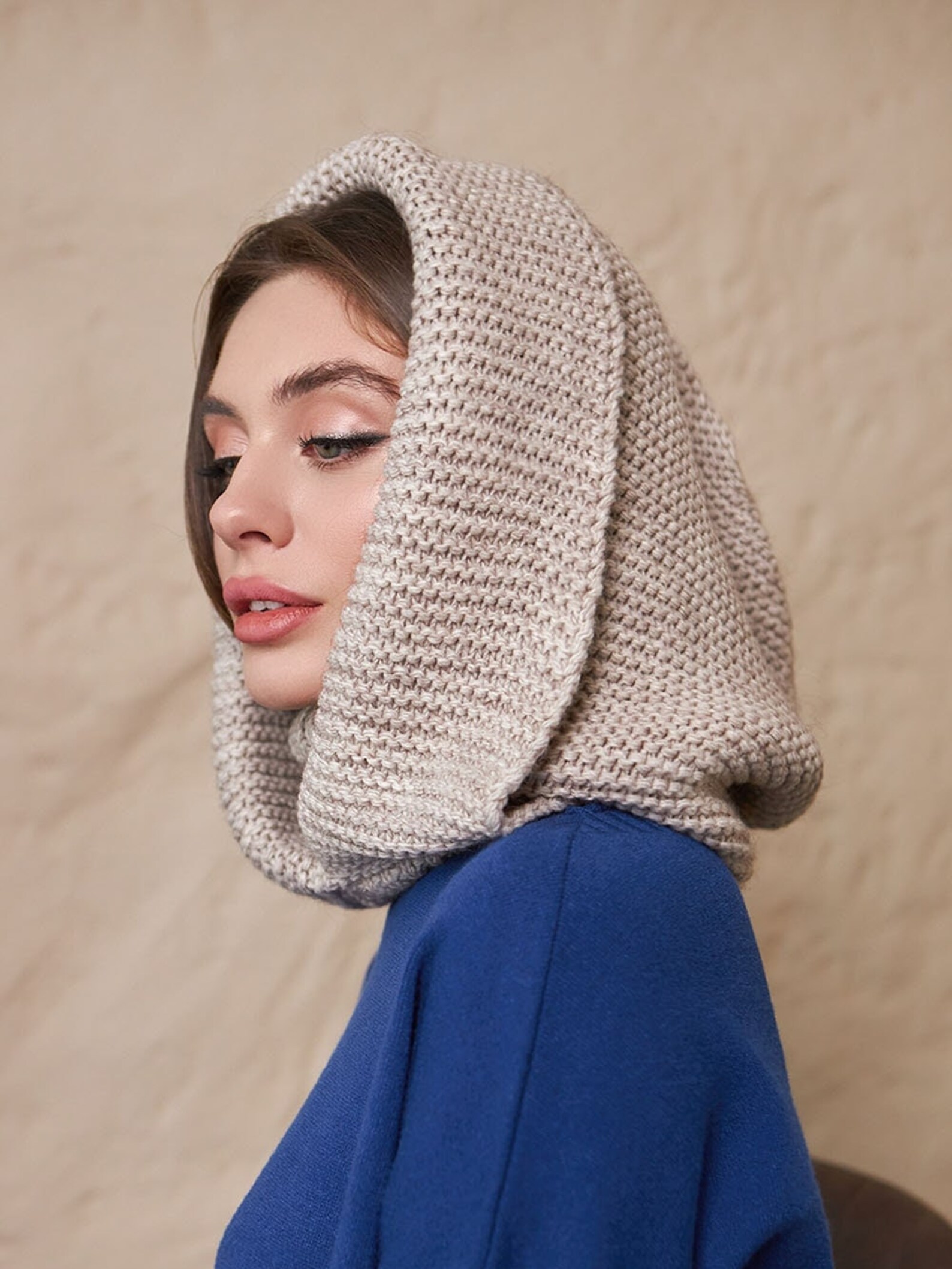 Beige Hooded Scarf, Knit Hoodie Scarves, Womens Snood, Warm Hooded Cowl ...