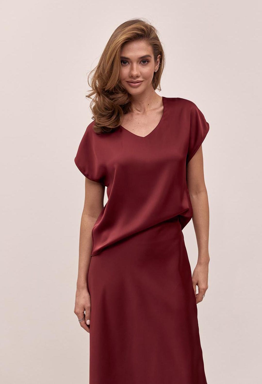 Silk Blouse for Women, Silk Short Sleeve Top, Loose Satin Blouse, Silk ...