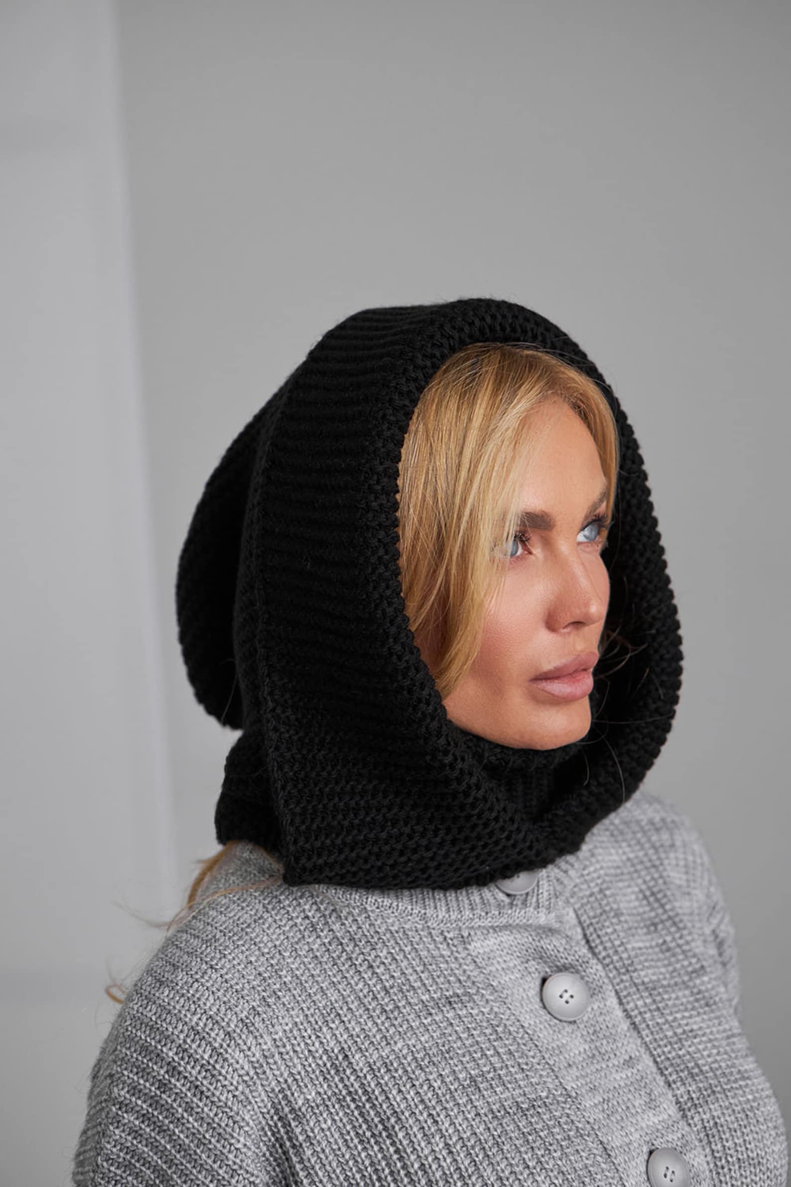 Beige Hooded Scarf, Knit Hoodie Scarves, Womens Snood, Warm Hooded Cowl ...