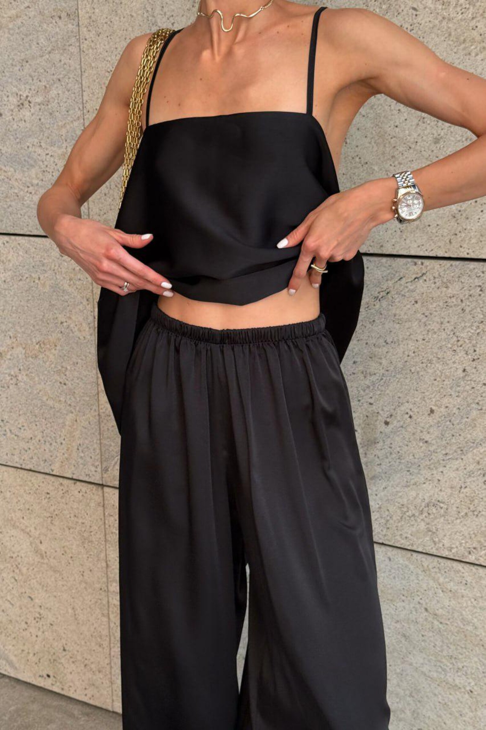 Silky Two Piece Set Women, Wide Leg Pants and Tie Back Top, Elegant ...