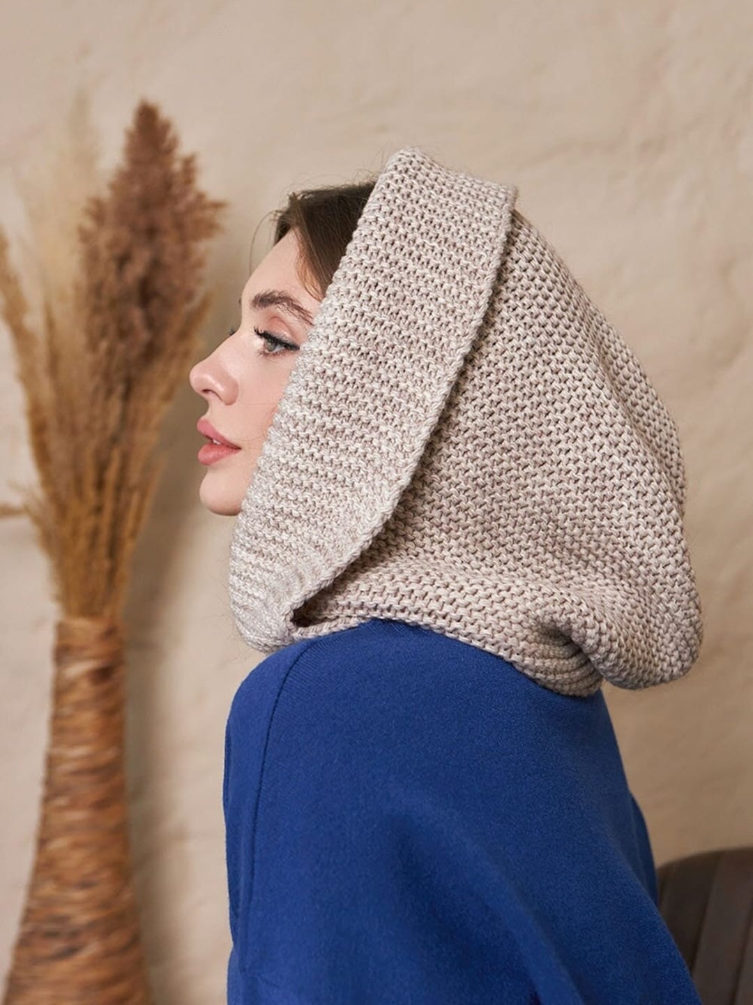 Beige Hooded Scarf, Knit Hoodie Scarves, Womens Snood, Warm Hooded Cowl ...