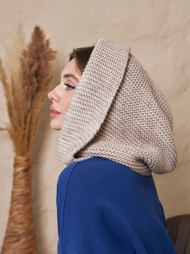 Beige Hooded Scarf, Knit Hoodie Scarves, Womens Snood, Warm Hooded Cowl ...