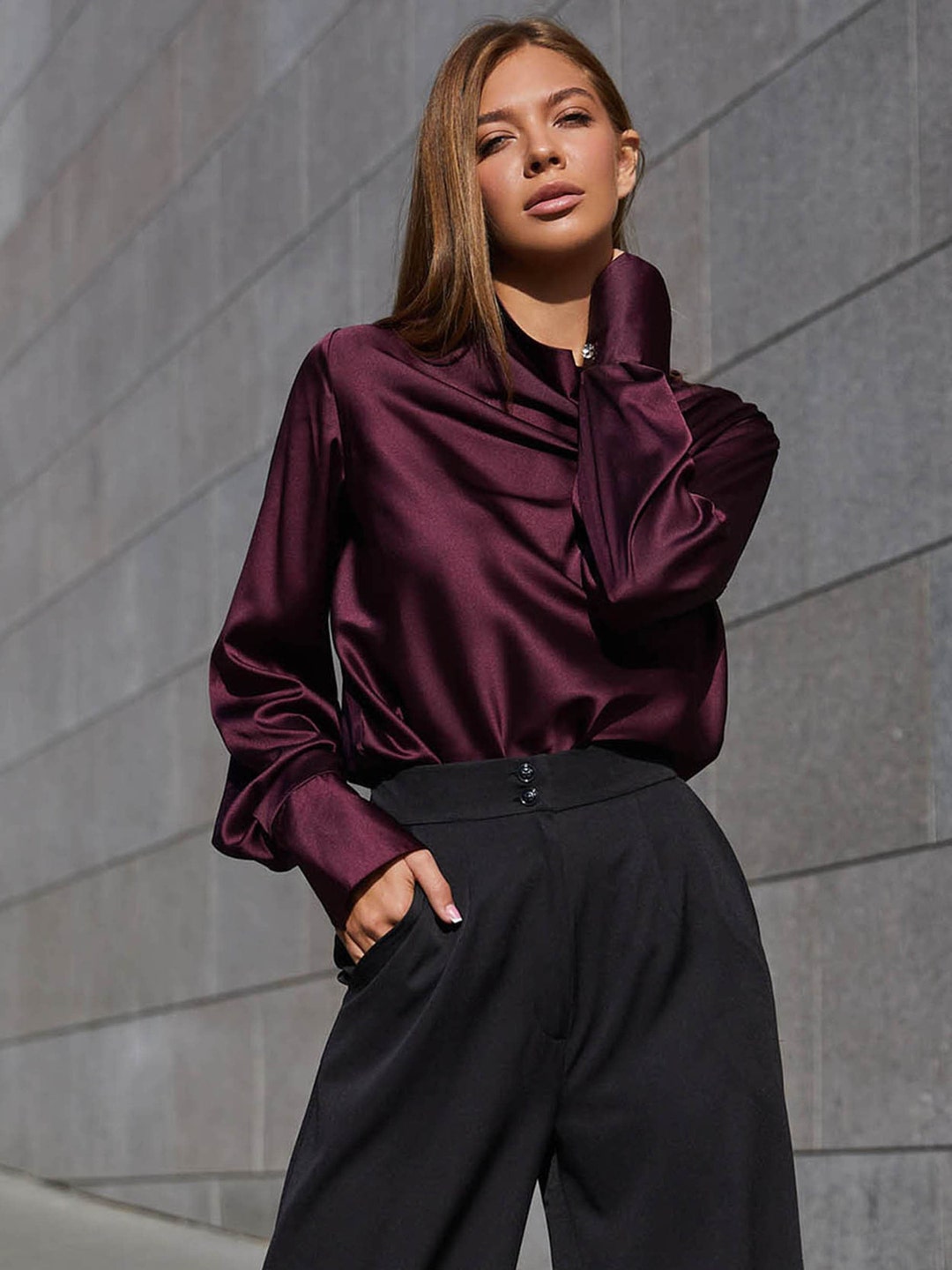 Elegant Silk Blouse, Cowl Neck Blouse, Long Sleeves Silk Shirt, Satin ...