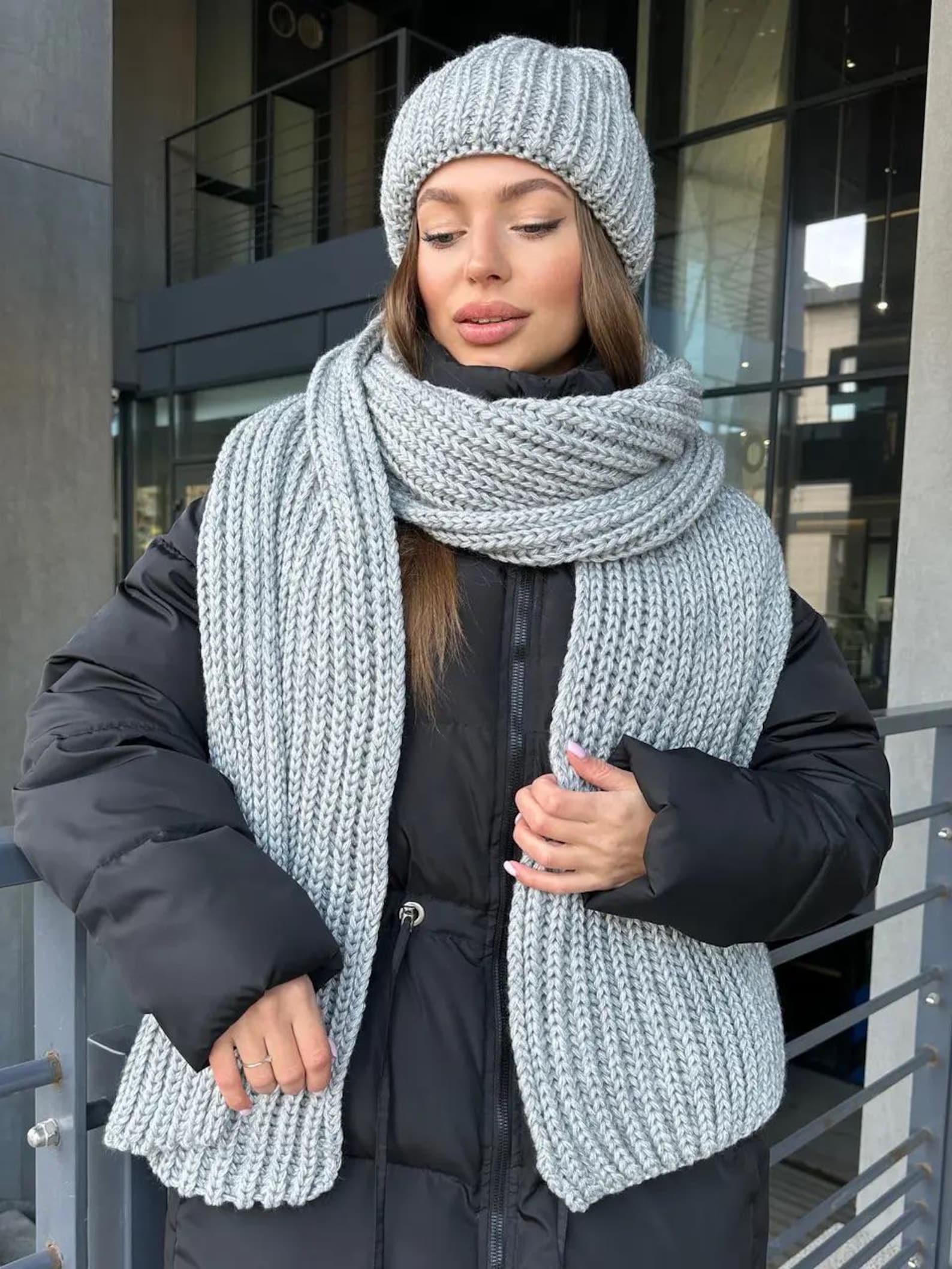 Chunky Hat and Scarf Set for Women, Knitted Wool Scarf and Hat, Warm ...