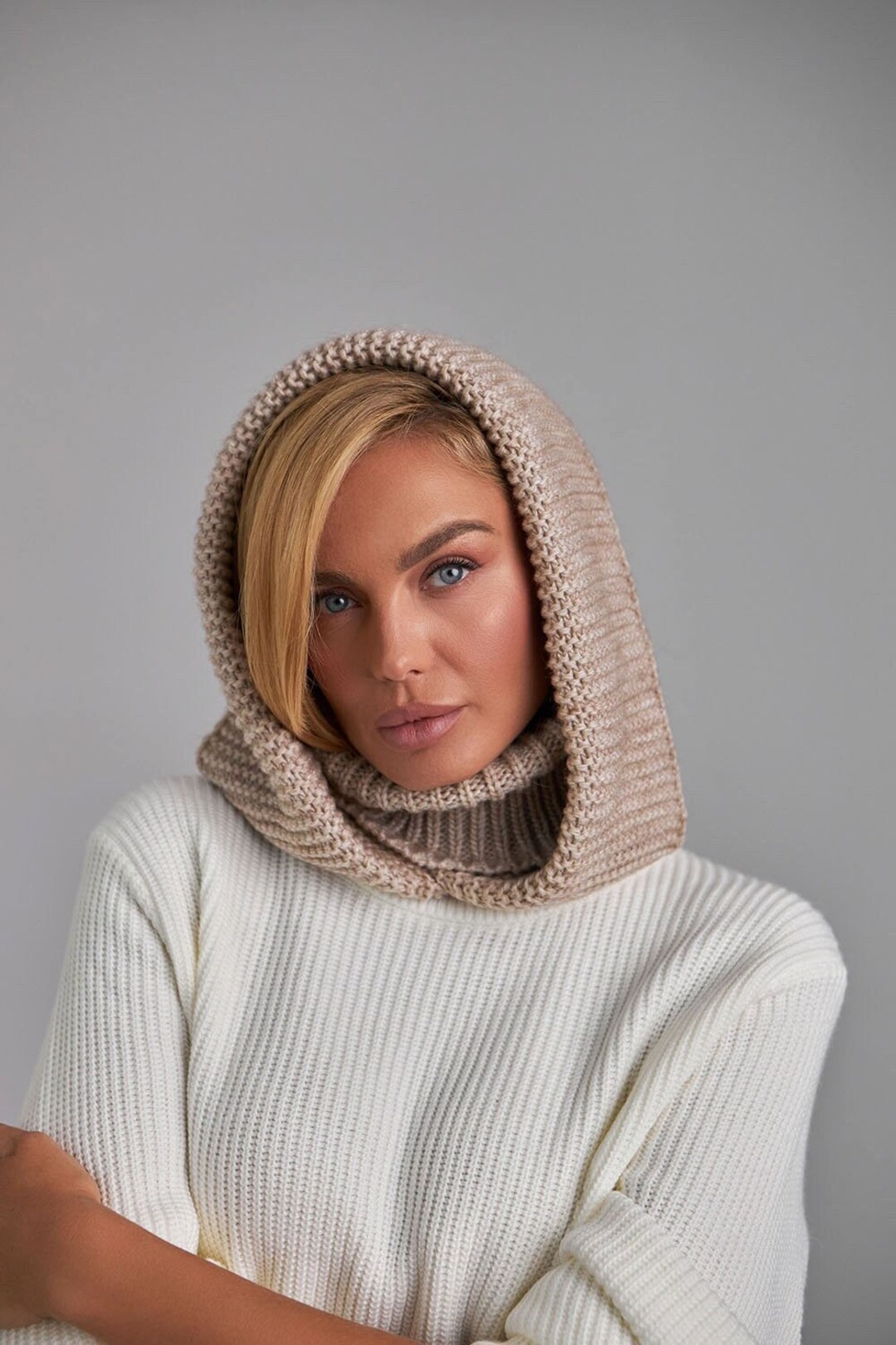 Gray Hooded Scarf Womens Snood Knitted Hooded Scarf - Etsy UK