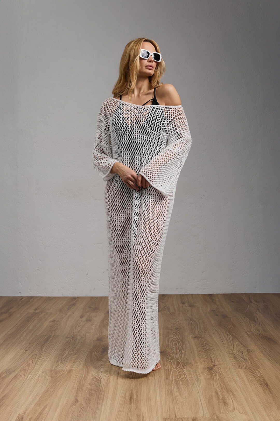 Loose Mesh Cotton Tunic / Fishnet Long Sleeve Dress / Crochet Maxi ...