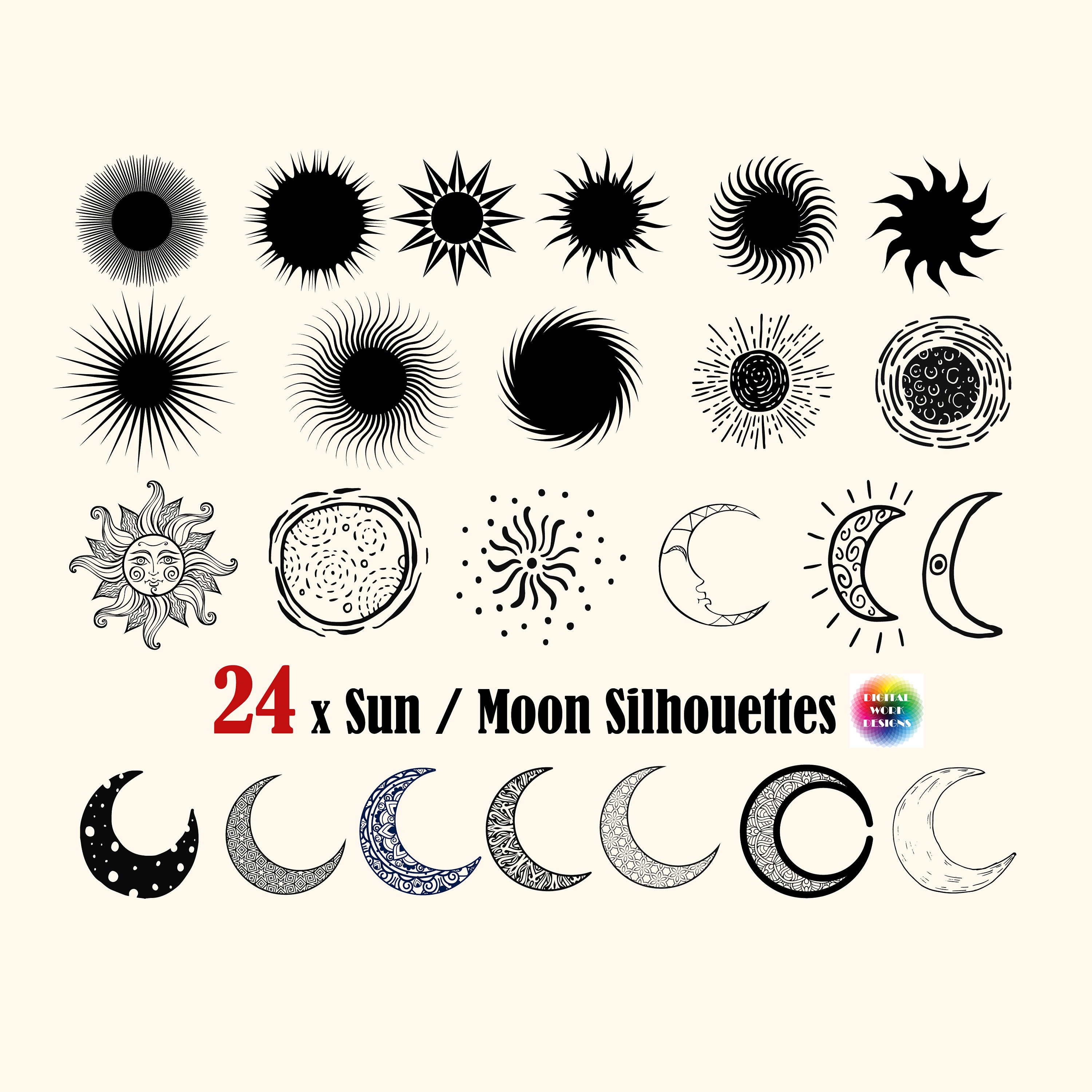 24x Sun Silhouette moon Svg Sun Svgmoon Silhouettesun | Etsy