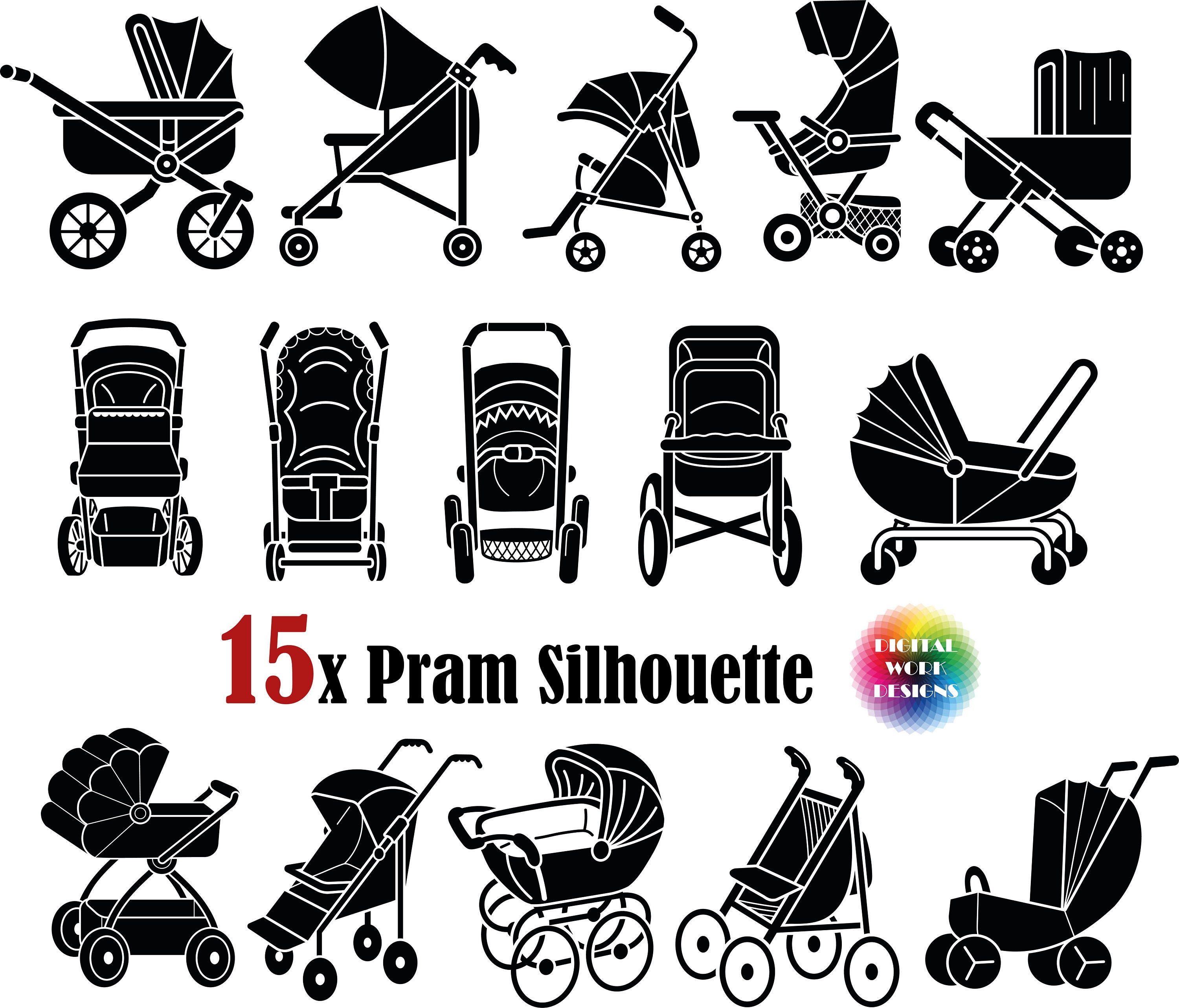 15x Pram Silhouette , Pram Svg, Stroller Svg, Png, Pram Clipart ...