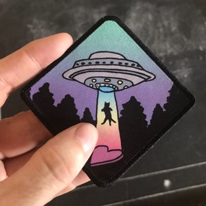 UFO Cat Alien Printed Patch | Iron on Patches | Cute Kitty Abduction ...