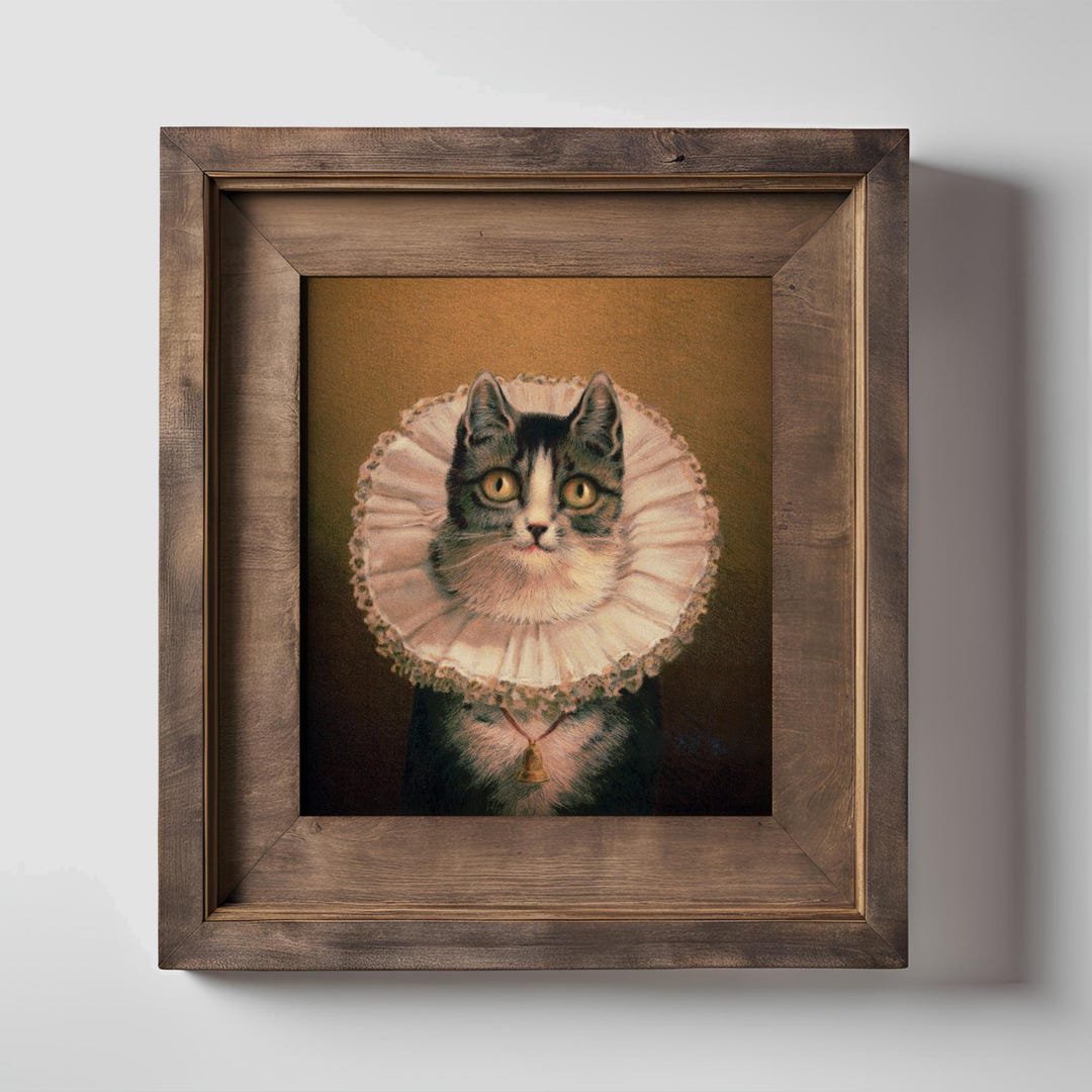 Vintage Cat Portrait Art Print | Elizabethan Collar, 1860s Oil Painting ...