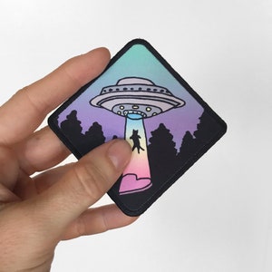 UFO Cat Alien Printed Patch | Iron on Patches | Cute Kitty Abduction ...