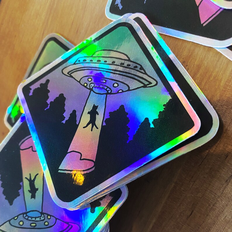 UFO Cat Holographic Vinyl Sticker Iridescent Decals Alien - Etsy