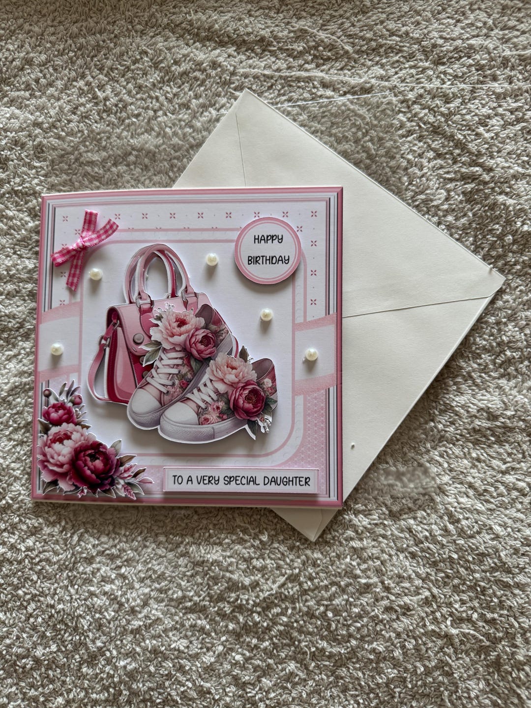 Pink Floral Birthday Card for Daughter, Handmade With Sneakers, Handbag ...