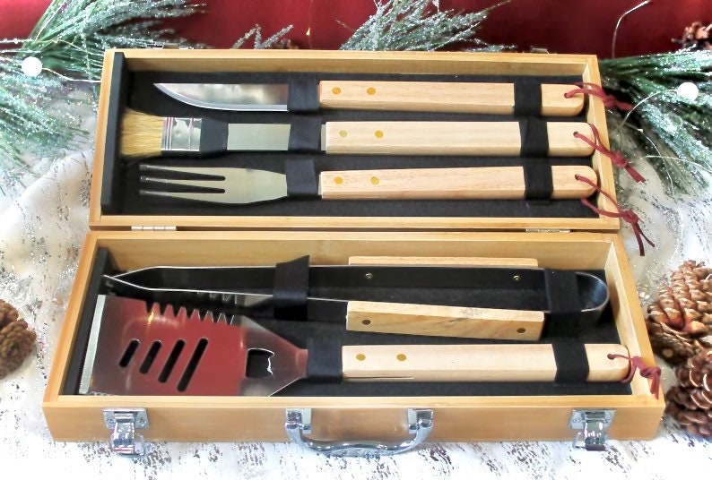 Personalized BBQ Set, Bamboo Box With Chrome Utensils, Groomsman Gift ...