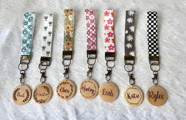 Personalized Canvas Wristlet Keychain, Engraved Wood Disc, Bronze Clasp ...