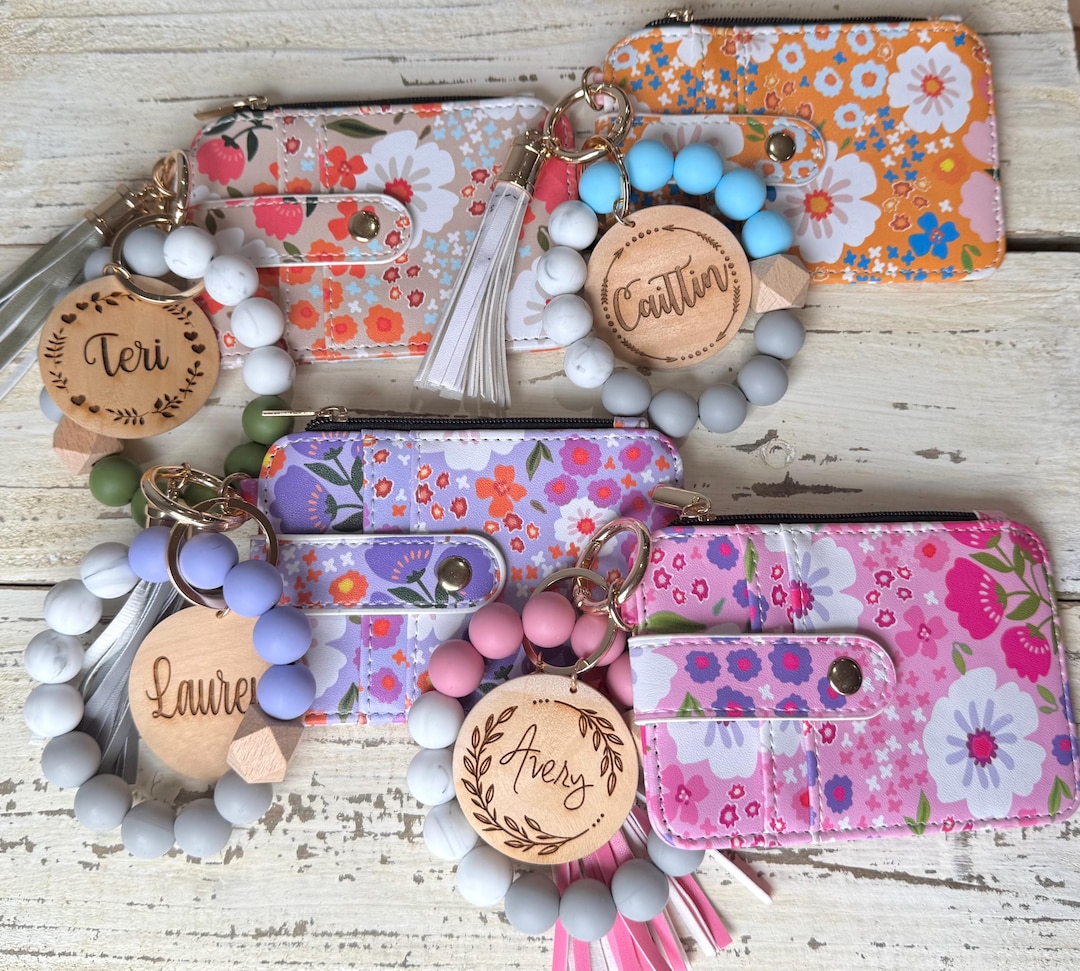 Personalized Silicone Bead Wristlet Keychain With Floral Wallet - Etsy
