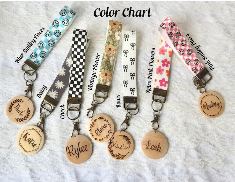 Personalized Canvas Wristlet Keychain, Engraved Wood Disc, Bronze Clasp ...