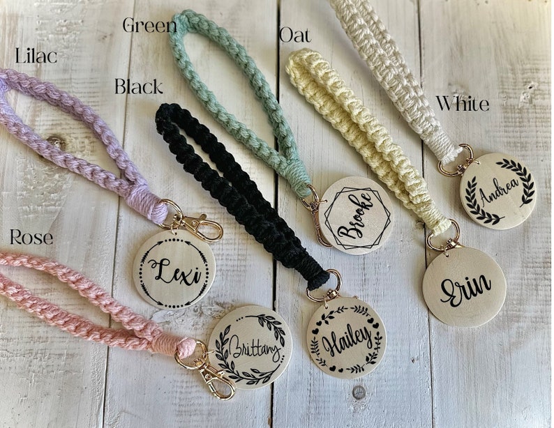 Personalized Macrame Teacher Wristlet Keychain, Engraved Wood Pendant ...