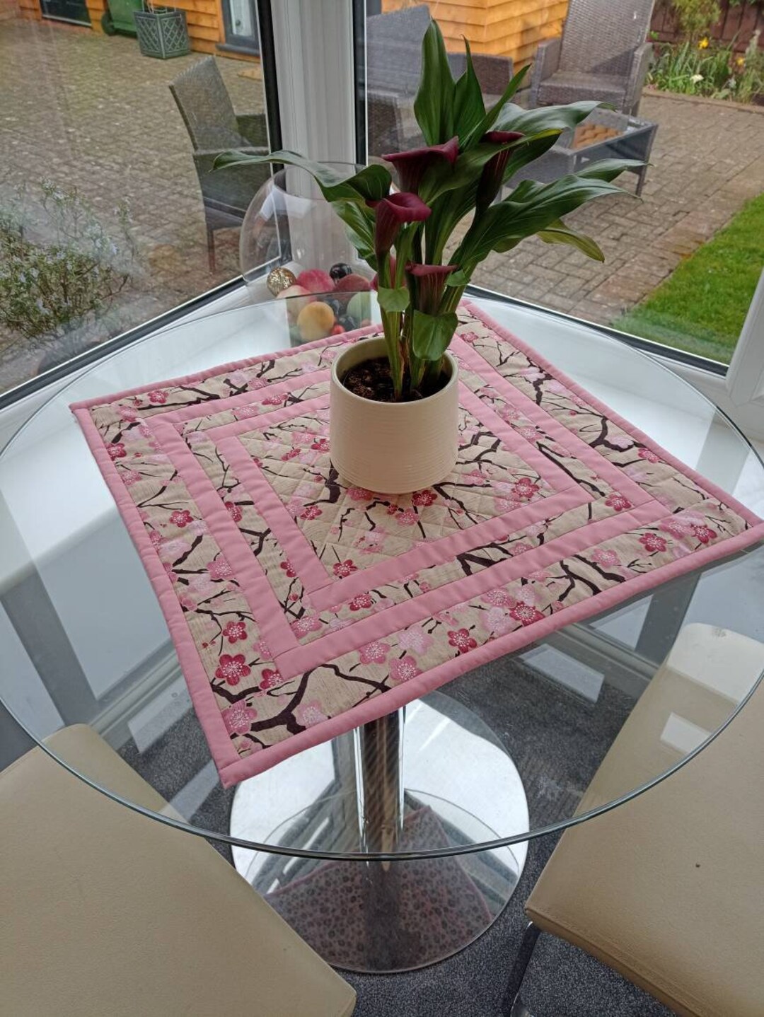 Japanese Cherry Blossom, Quilted Table Topper, Beige & Pink, Washable ...