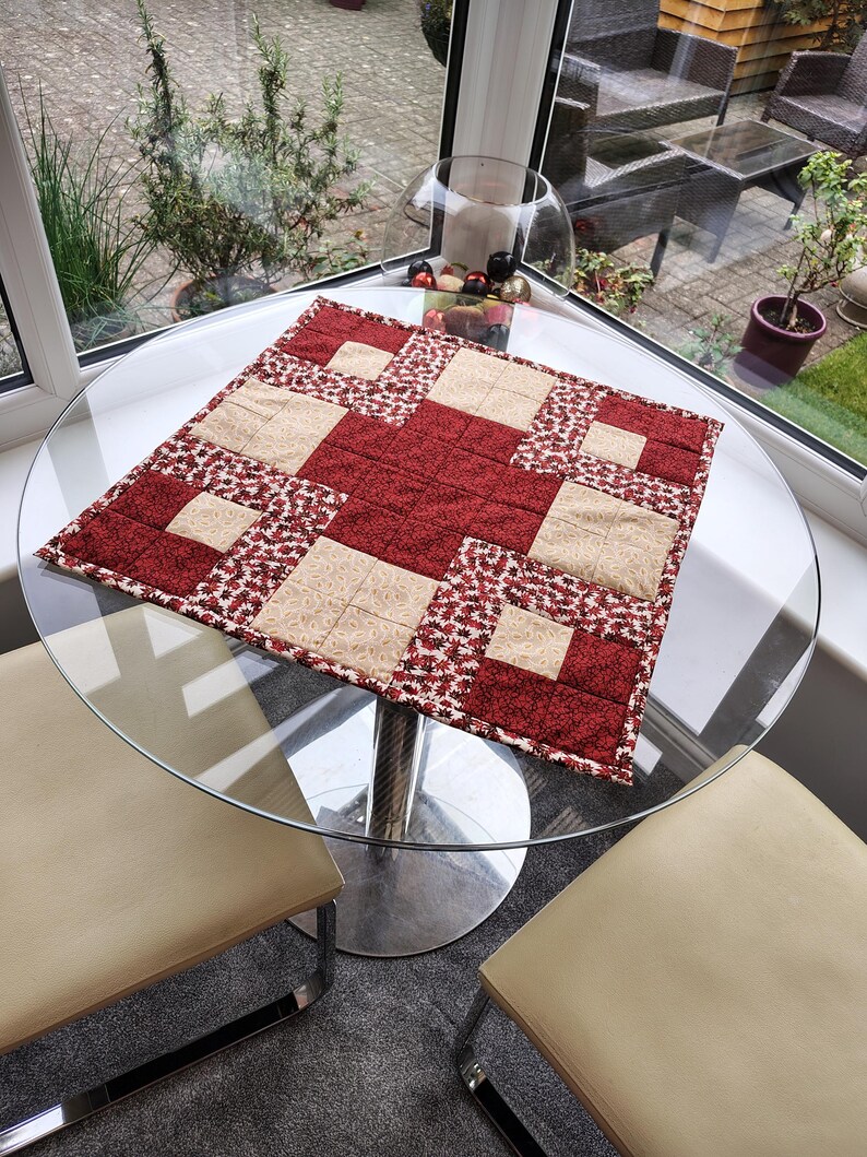 Table Topper, Handmade, Quilted, Autumn Leaves, Rust Beige & Cream, 21 ...