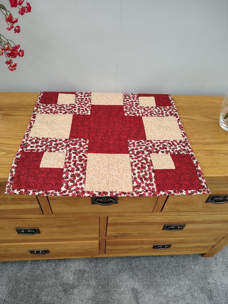 Table Topper, Handmade, Quilted, Autumn Leaves, Rust Beige & Cream, 21 ...