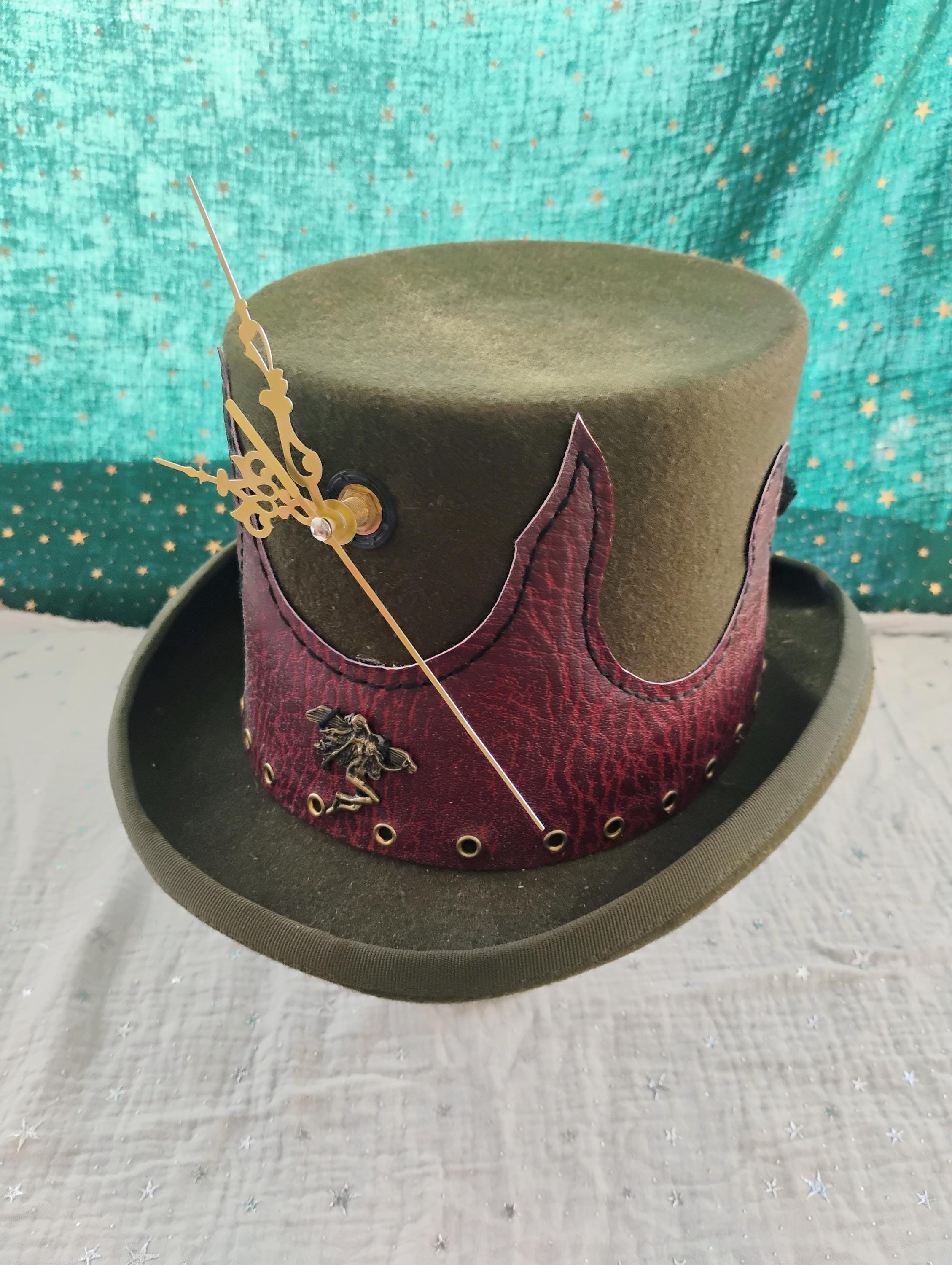 Steampunk Moss Green Top Hat With Gold Clock Hands & Crystals – Unique ...
