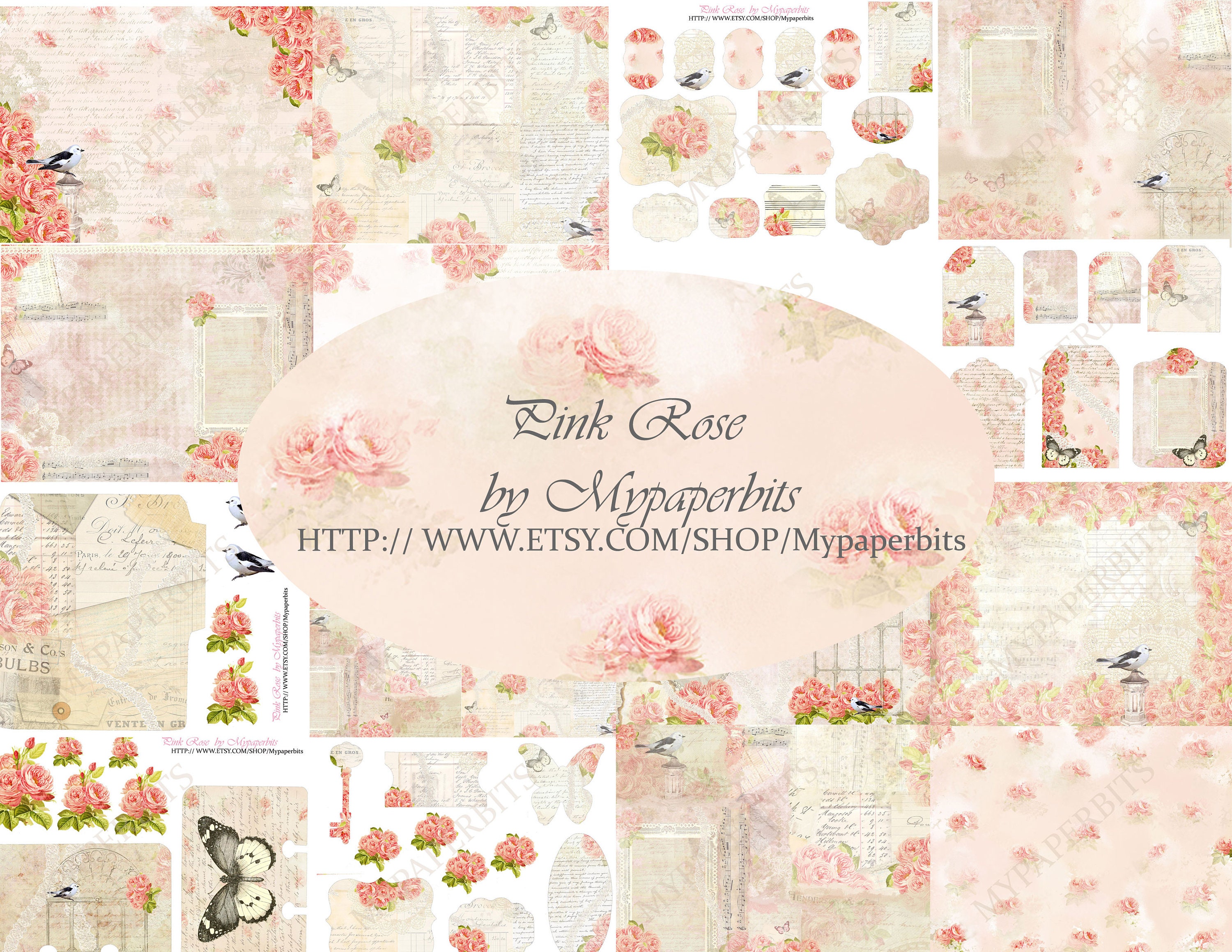 Digital,pink Rose Digital Junk Journal Kit, Digital Ephemera, Shabby ...