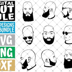 9x Bald Man Designs Bundle Svg, Short Beard, Black Man, Afro Man Svg ...