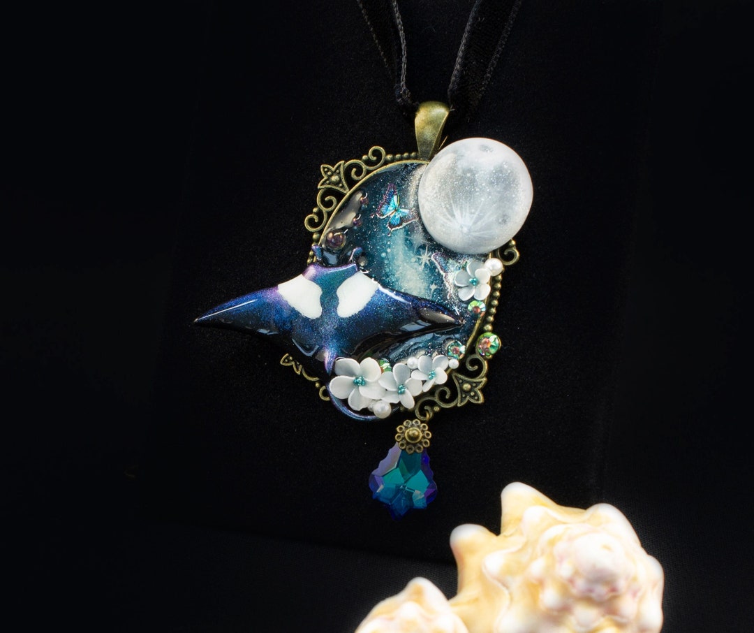 Manta Ray Necklace With Full Moon Ray and Moon Jewelry Ethereal ...