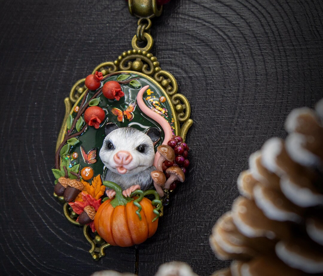 Opossum Necklace With Fall Arrangement | Autumn Opossum Pendant ...