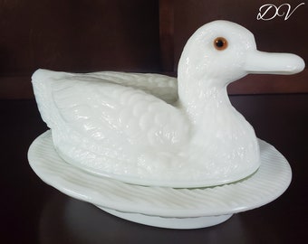 white milk glass duck covered dish duck covered bowl duck nut dish, Set ...