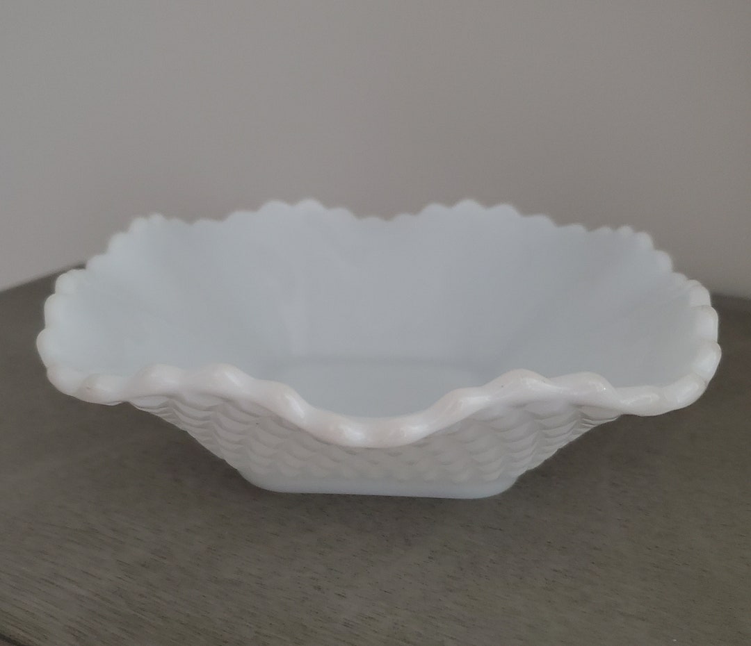 Vintage Diamond Pattern Square Milk Glass Bowl With Ruffled Edge - Etsy