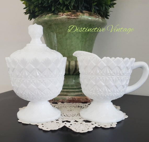 Vintage Indiana Glass Diamond Pattern Milk Glass Footed | Etsy