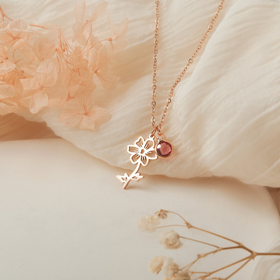 Flower Necklace With Birthstone - Birth Flower Pendant Necklace - Charm ...