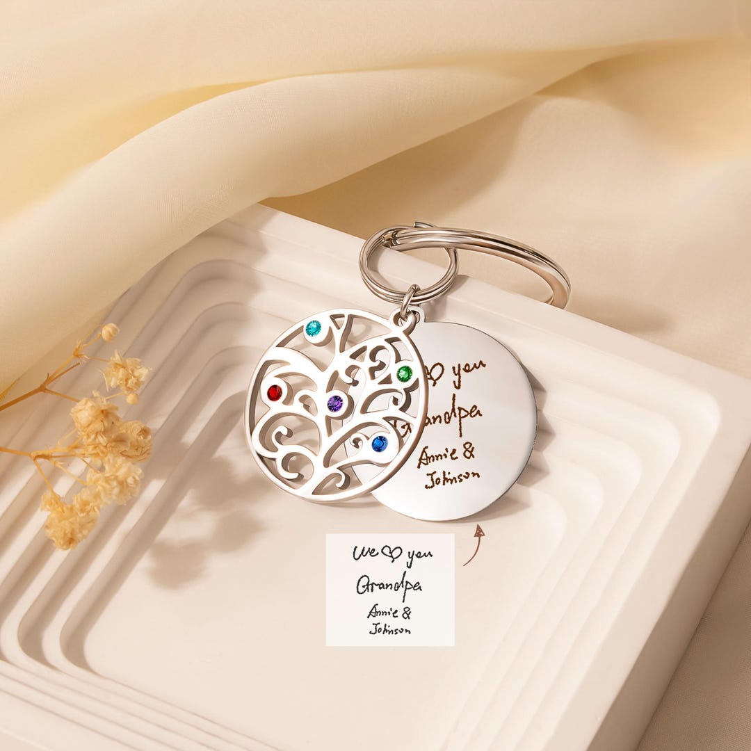Family Tree Keychain With Birthstones - Personalized Handwriting Tree ...