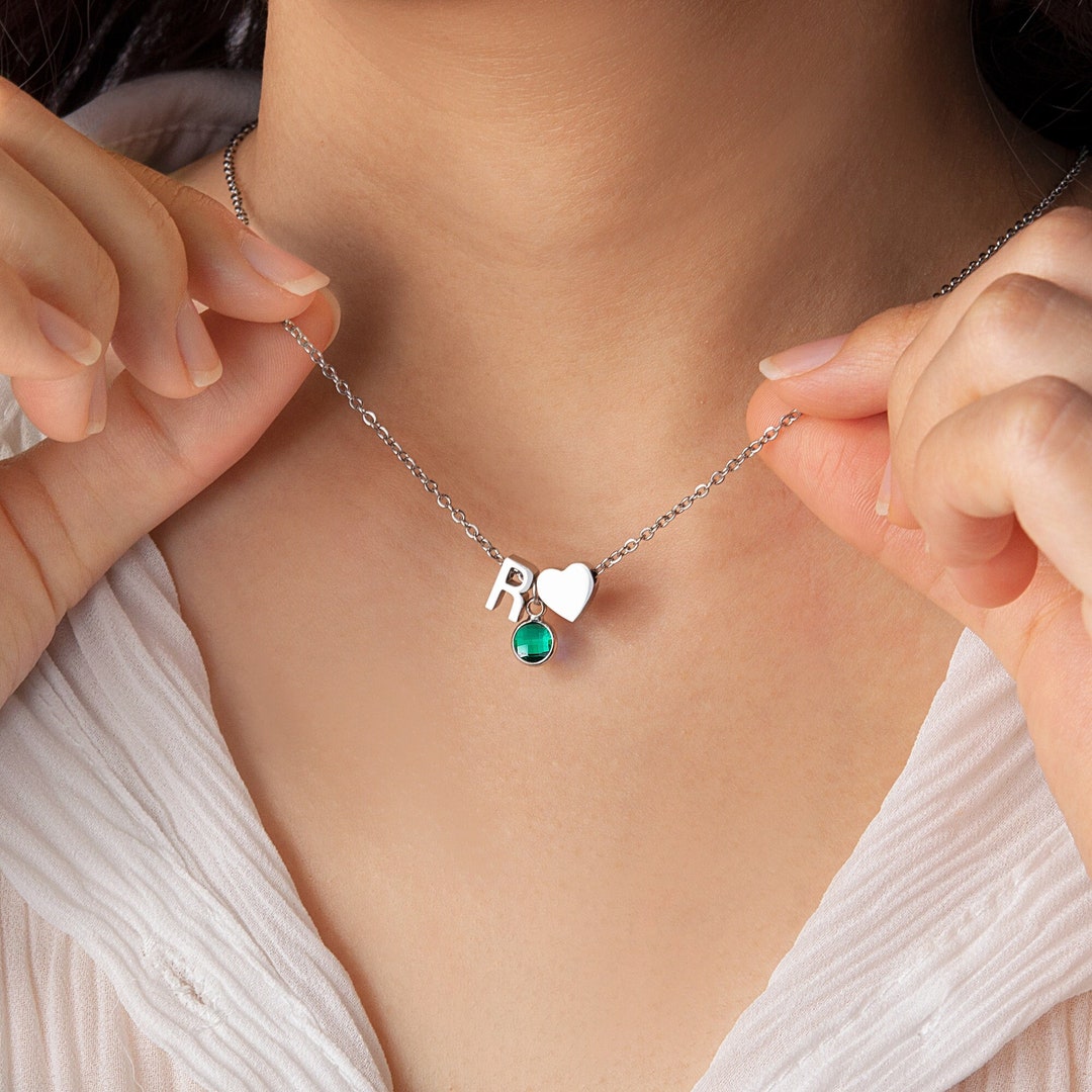 Initial Birthstone Necklace Tiny Letter Necklace Birthstone Necklace ...