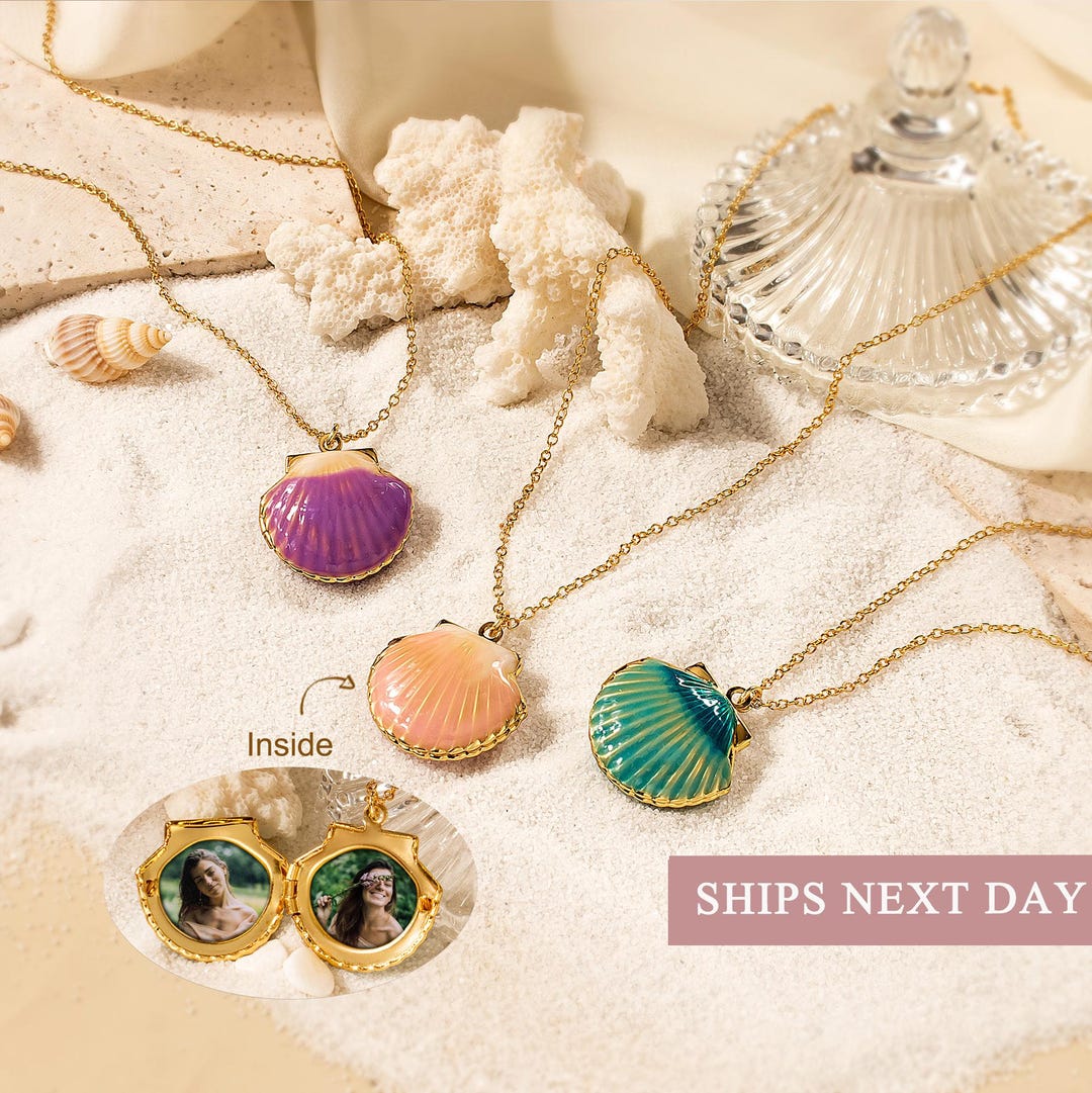 Enamel Shell Locket Necklace - Seashell Locket With Photos ...