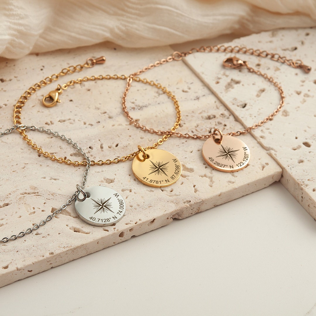 Custom Coordinate Compass Bracelet - Long Distance Gift GPS - Compass ...