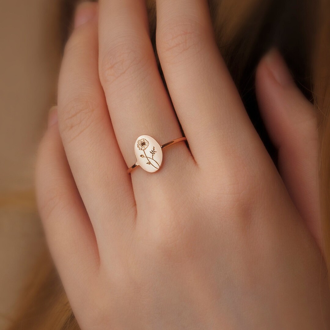 Floral Signet Jewelry - Birth Flower Ring - Birthflower Ring Oval ...