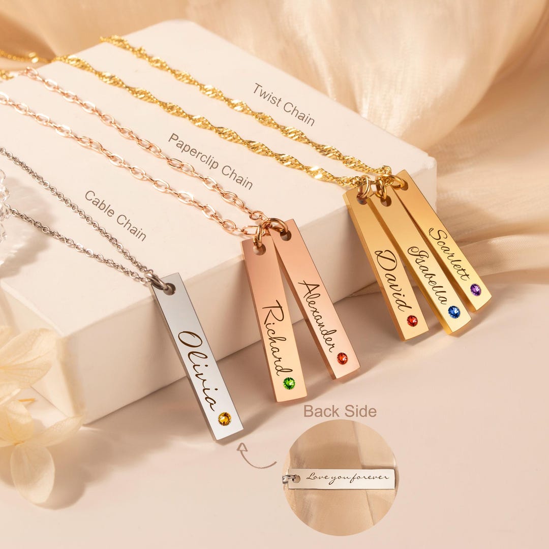 Custom Name Birthstone Vertical Bar Necklace - Family Necklace Engraved ...