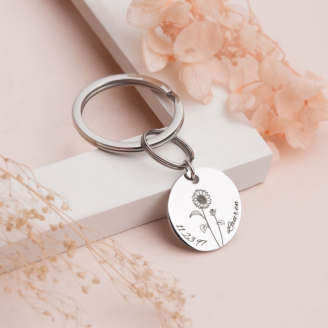 Keychain for Women - Sunflower Keychain Custom Keychain - Engraved Name ...