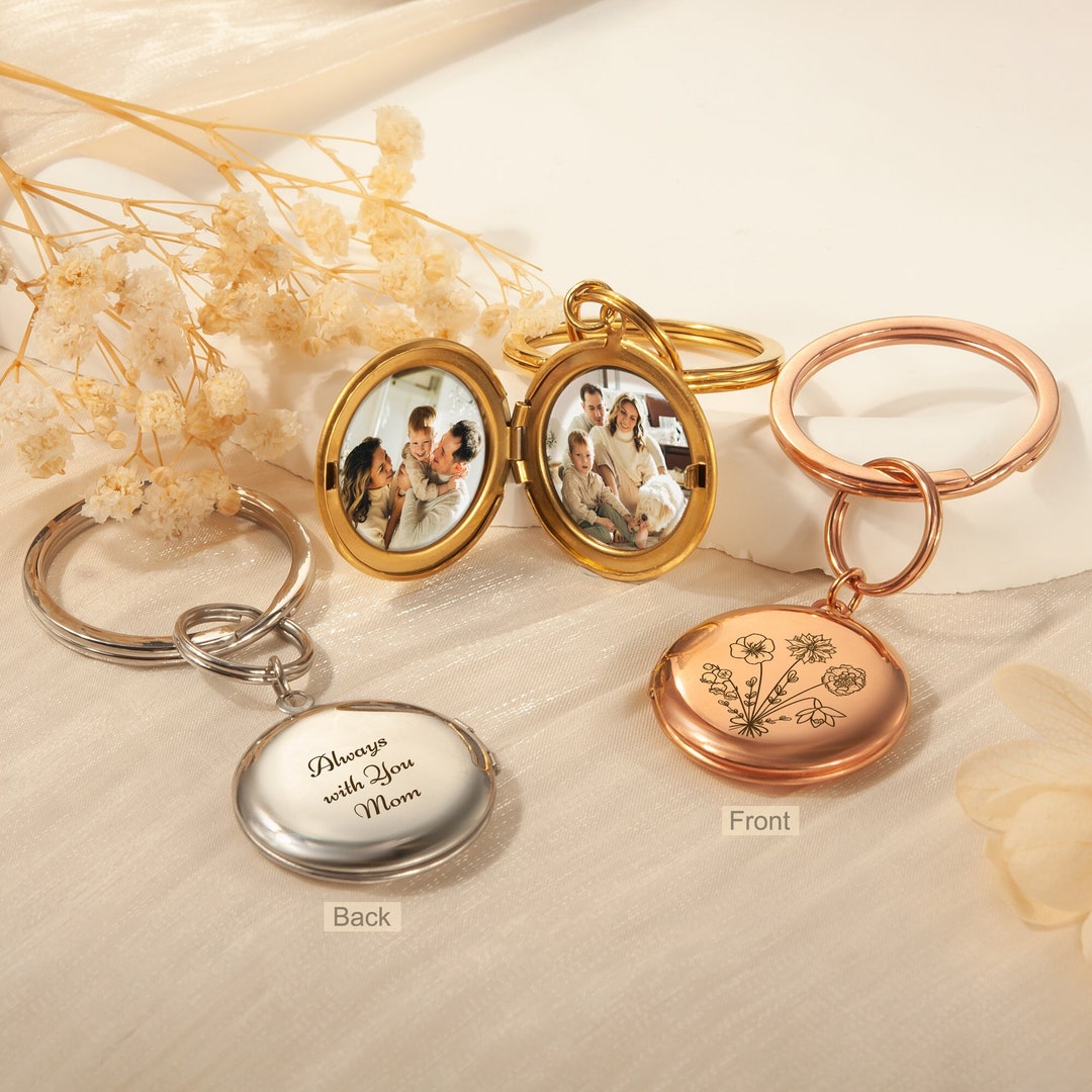Custom Engraved Birth Flower Locket Keychain - Picture Locket Keychain ...
