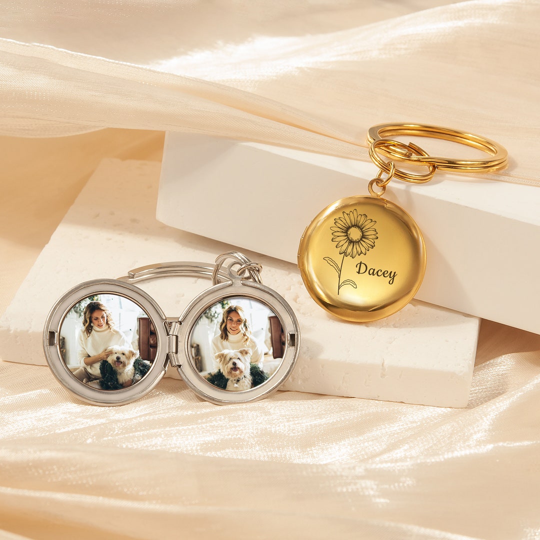 Name Keychain With Engraving Birth Flower - Personalized Locket ...