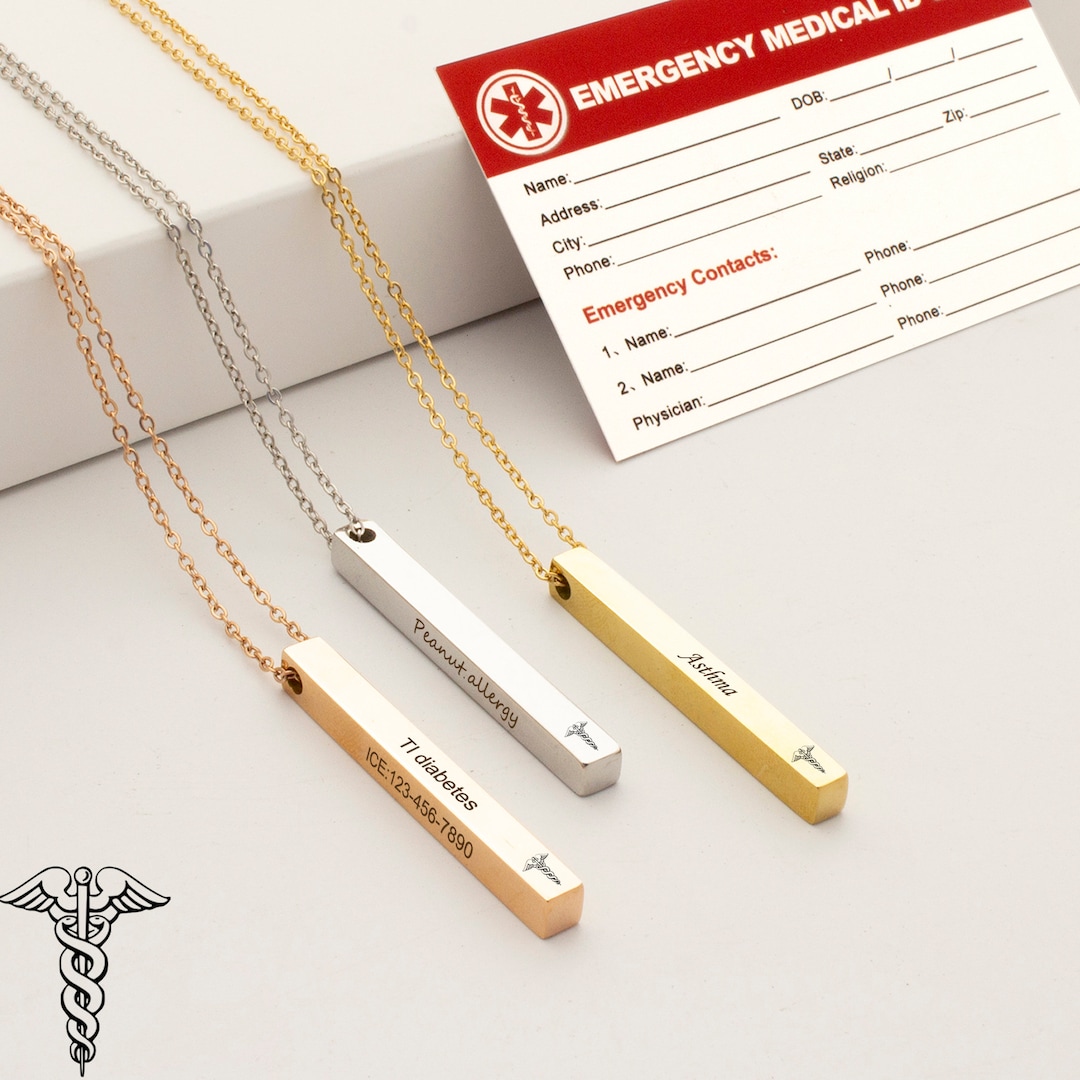Medical ID Alert Bar Necklace, Personalized Medical Allergies Alert ...