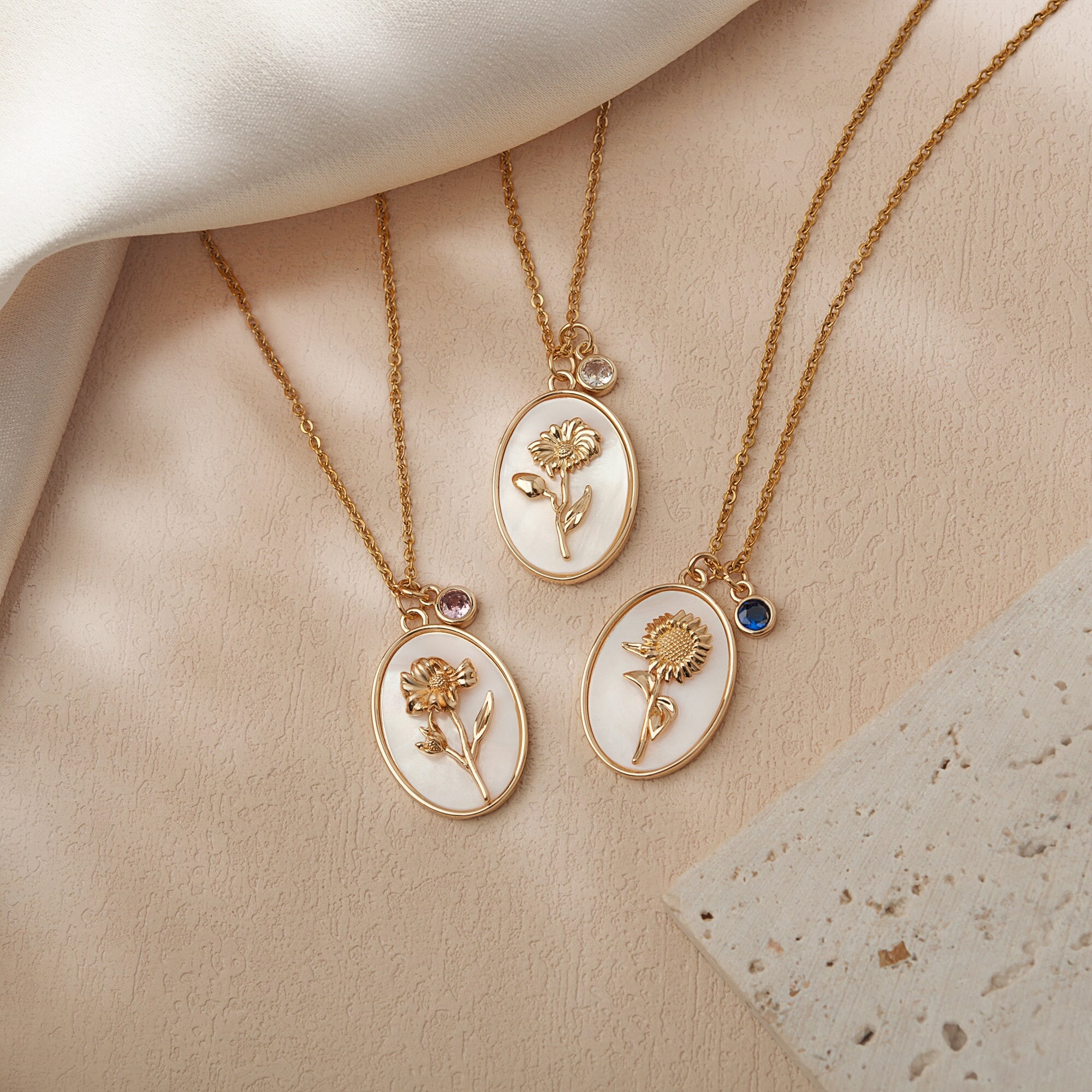 Pearl Shell Flower Necklace With Birthstone - Birth Month Flower ...