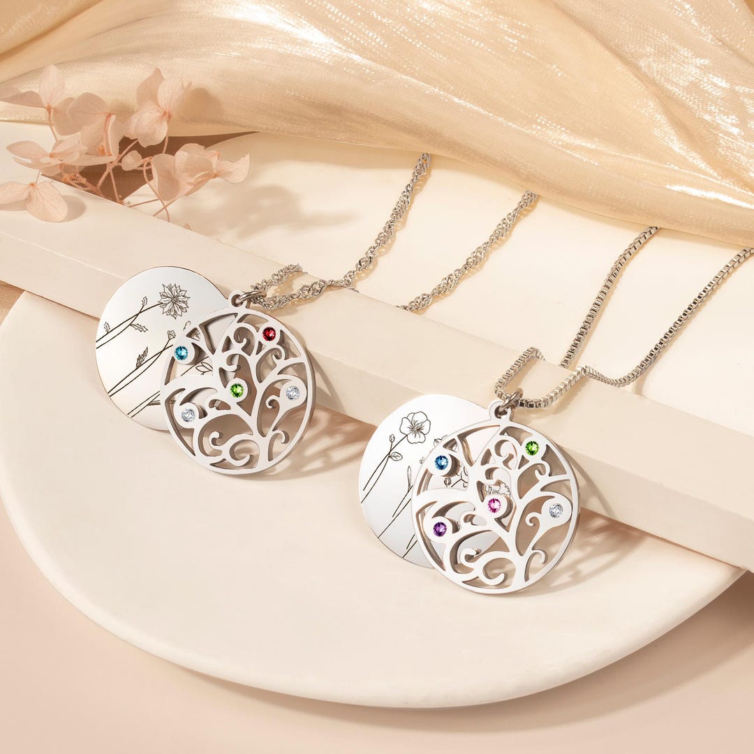 Tree of Life Family Tree Necklace - Custom 5 Birthstone Necklace - 2-4 ...