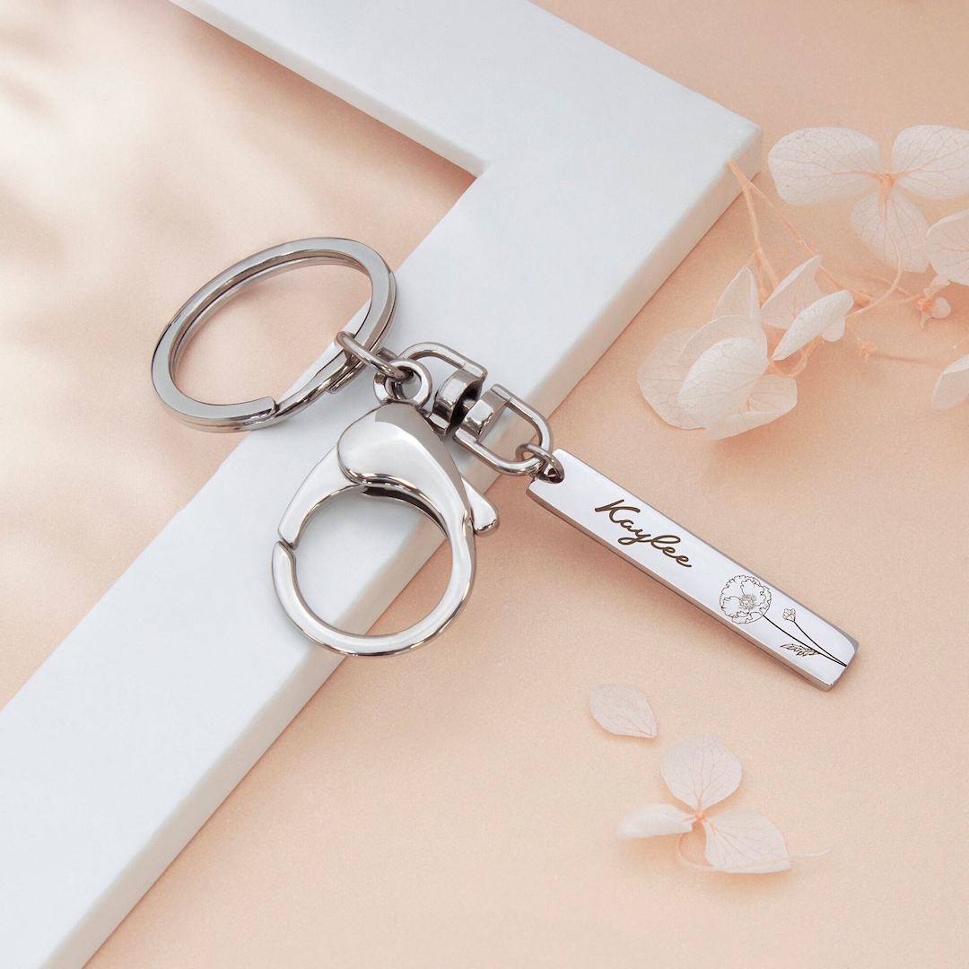 Mama Keychain - Birth Flower Keychain - Engraved Keychain - Custom Name ...