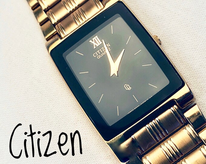 Citizen Vintage Gold Tone Black Stainless Steel Rectangle Watch - Etsy