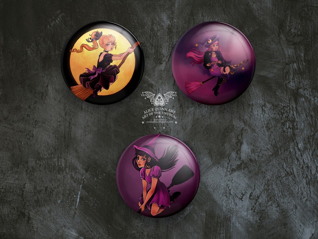 1.25" Witch Button Pins - Halloween, Broomstick & Witchcraft Pinback ...
