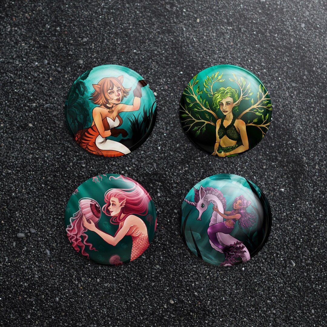 Mermaid Art Pin Buttons: Ocean Fantasy Badges (1.25") - Etsy